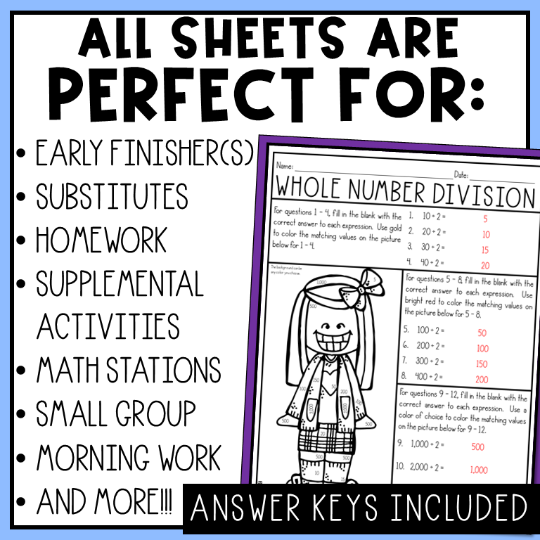 Color By Number Division Whole Numbers Base Ten 5th Grade Math ...